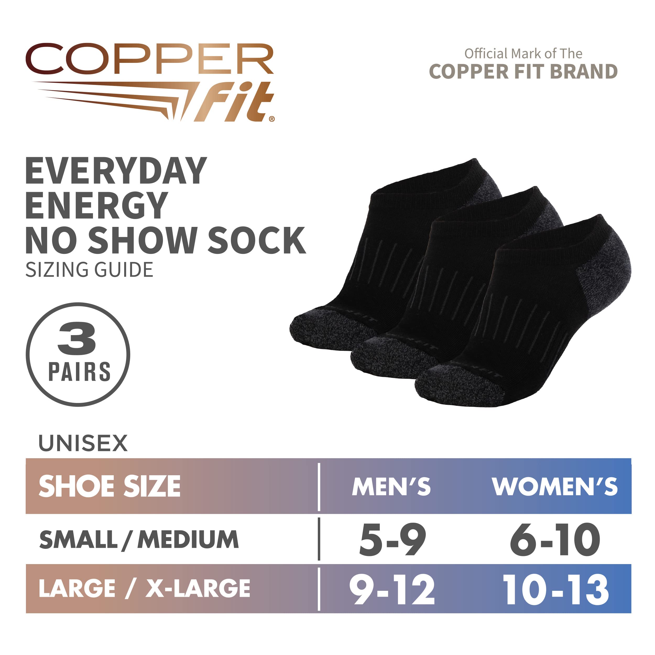 Copper Fit No Show, Black, Small/Medium