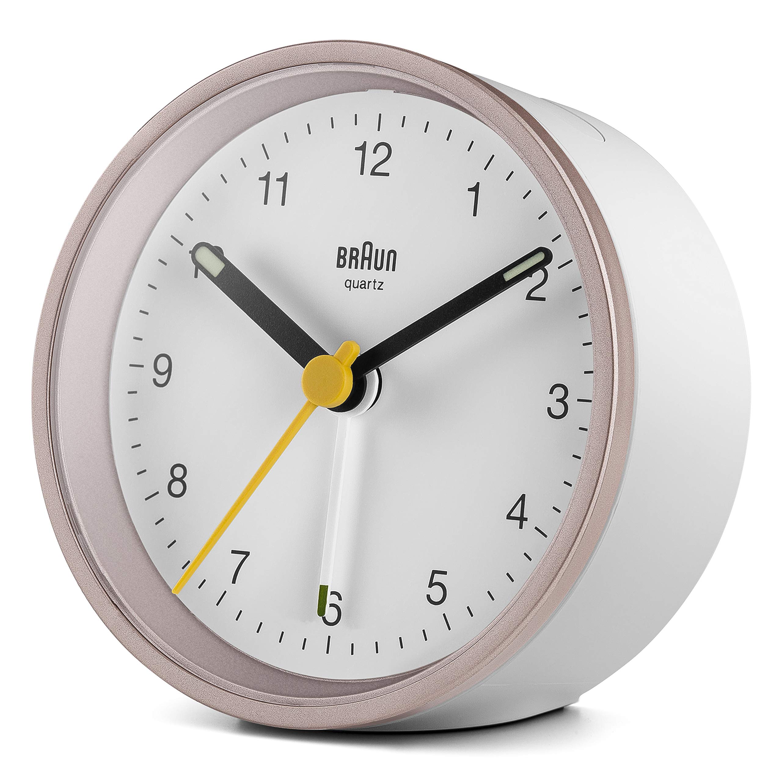 Braun Classic Analogue Alarm Clock with Snooze and Light, Quiet Quartz Movement, Crescendo Beep Alarm in White and Rose, Model BC12PW.