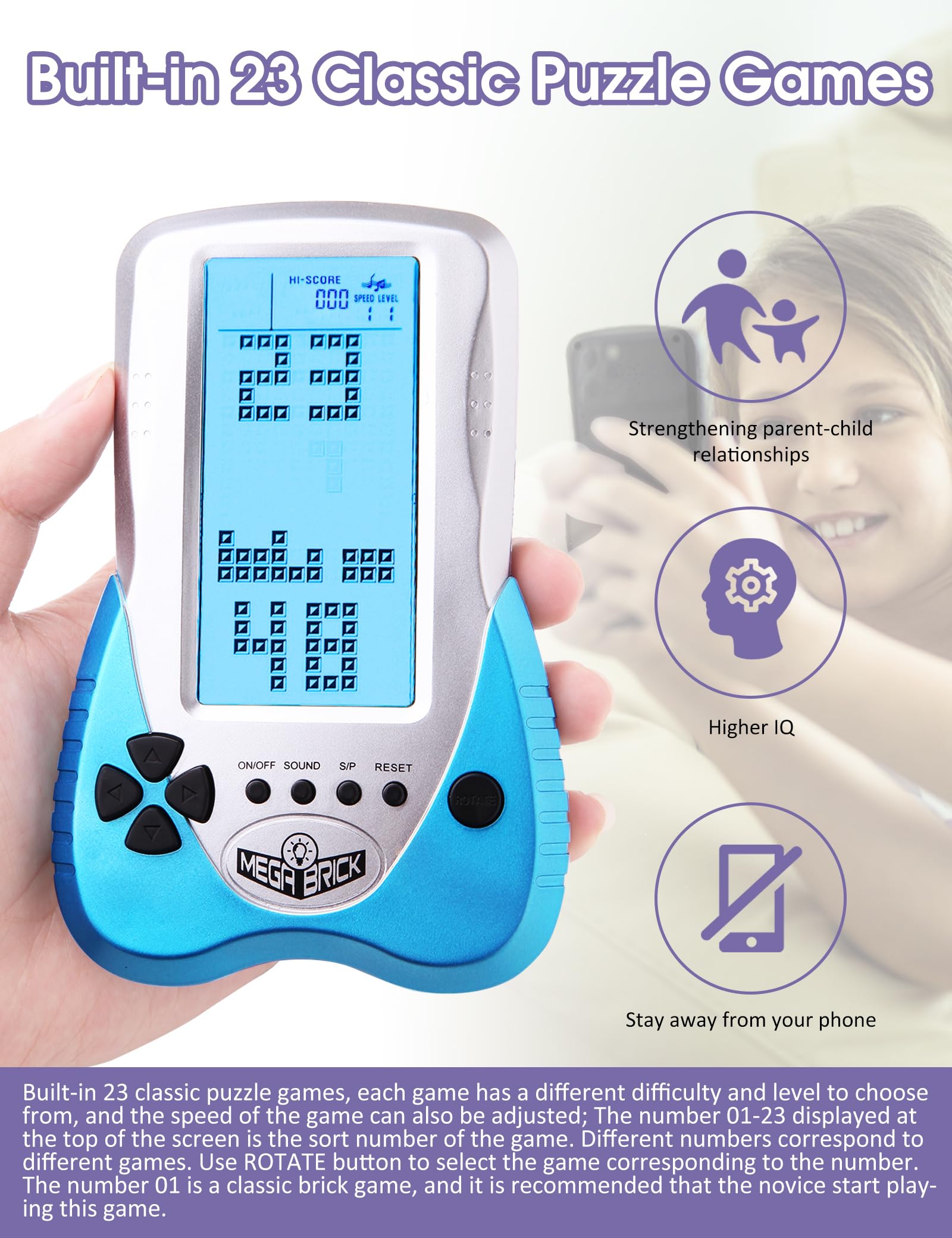 HLF New Retro Block Brick Game Console Large Screen Blue Backlight Brightness can be Adjusted Build in 23 Game Compatible with Lithium Battery/AAA Batteries can Plug in Headphone (Blue)