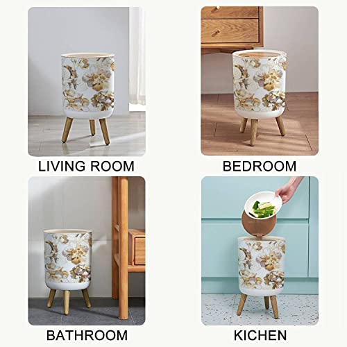 Small Trash Can with Lid Seamless with a Gold Hydrangea and Cherry Flowers Round Recycle Bin Press Top Dog Proof Wastebasket for Kitchen Bathroom Bedroom Office 7L/1.8 Gallon