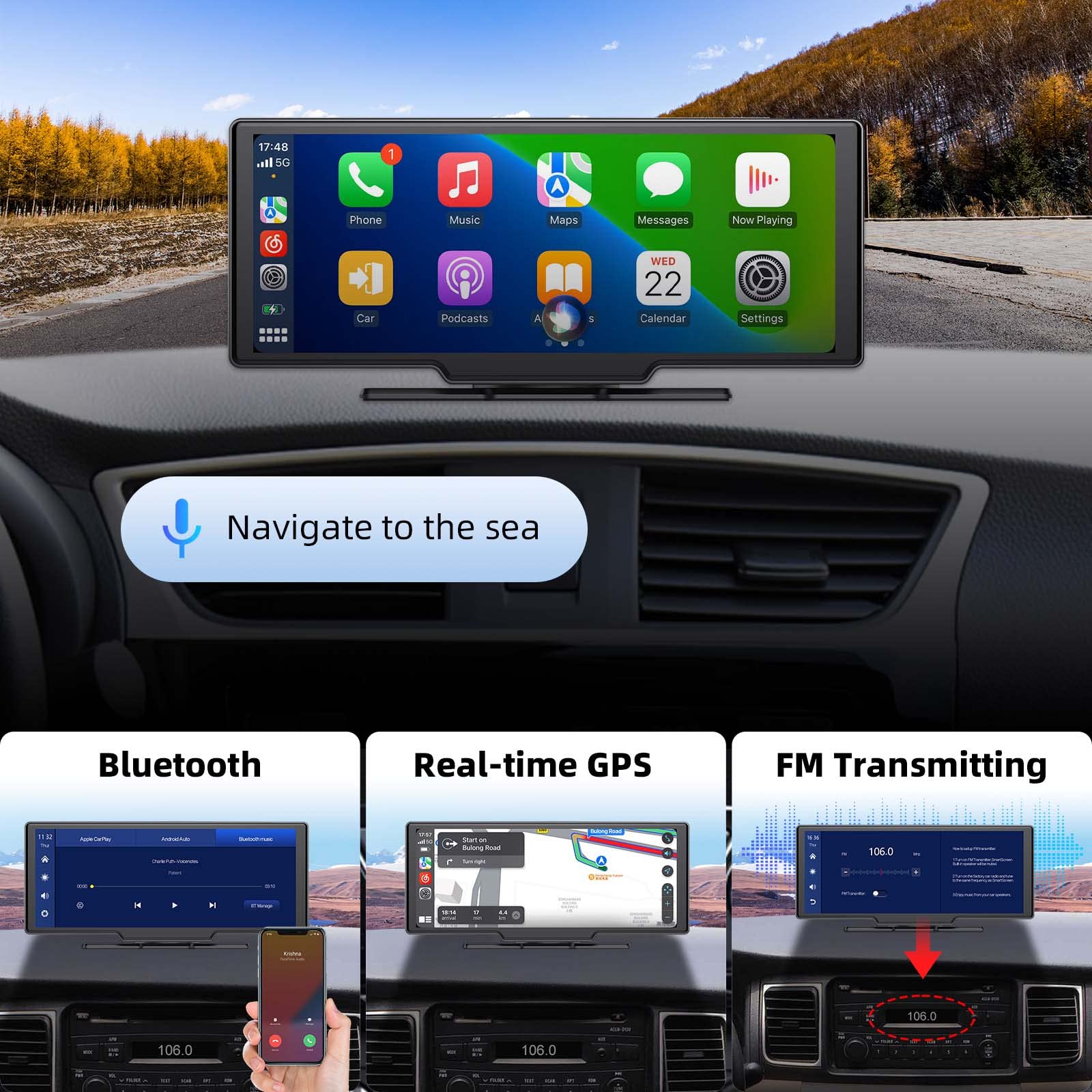 CAMECHO Wireless Apple Carplay Portable Car Stereo Android Auto, 9.3” HD Touchscreen CarPlay Screen, Portable Car Radio Support Bluetooth GPS Voice Control FM Dual Camera + 64G TF Card Car Charger