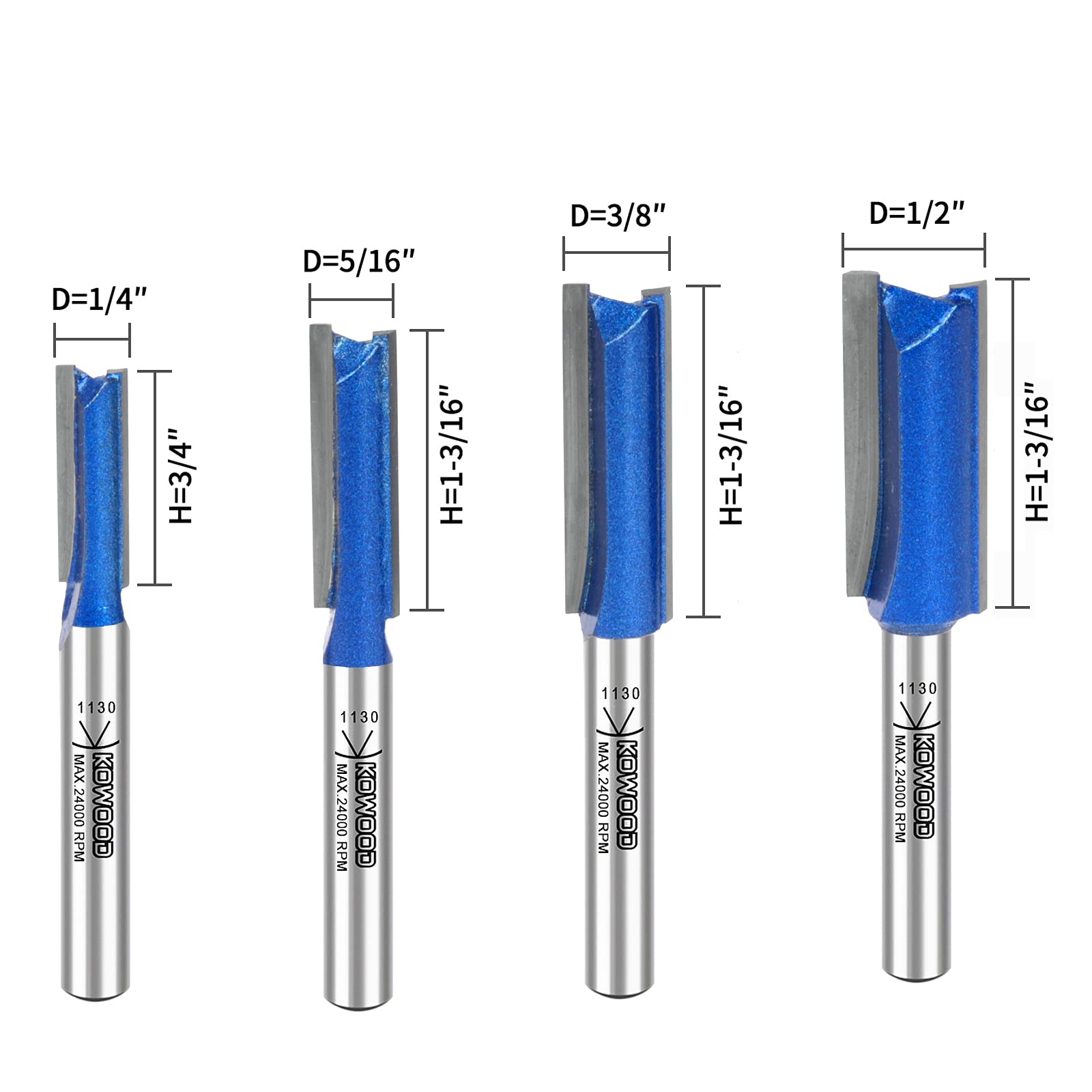 KOWOOD Plus Double Flute Straight Router Bit Set, 1/4 Inch Shank. Cutting Diameter in 1/4โ, 5/16โ, 3/8โ, 1/2โ. with updated Kowood C3 Carbide. Great for create groove, dado or hollow