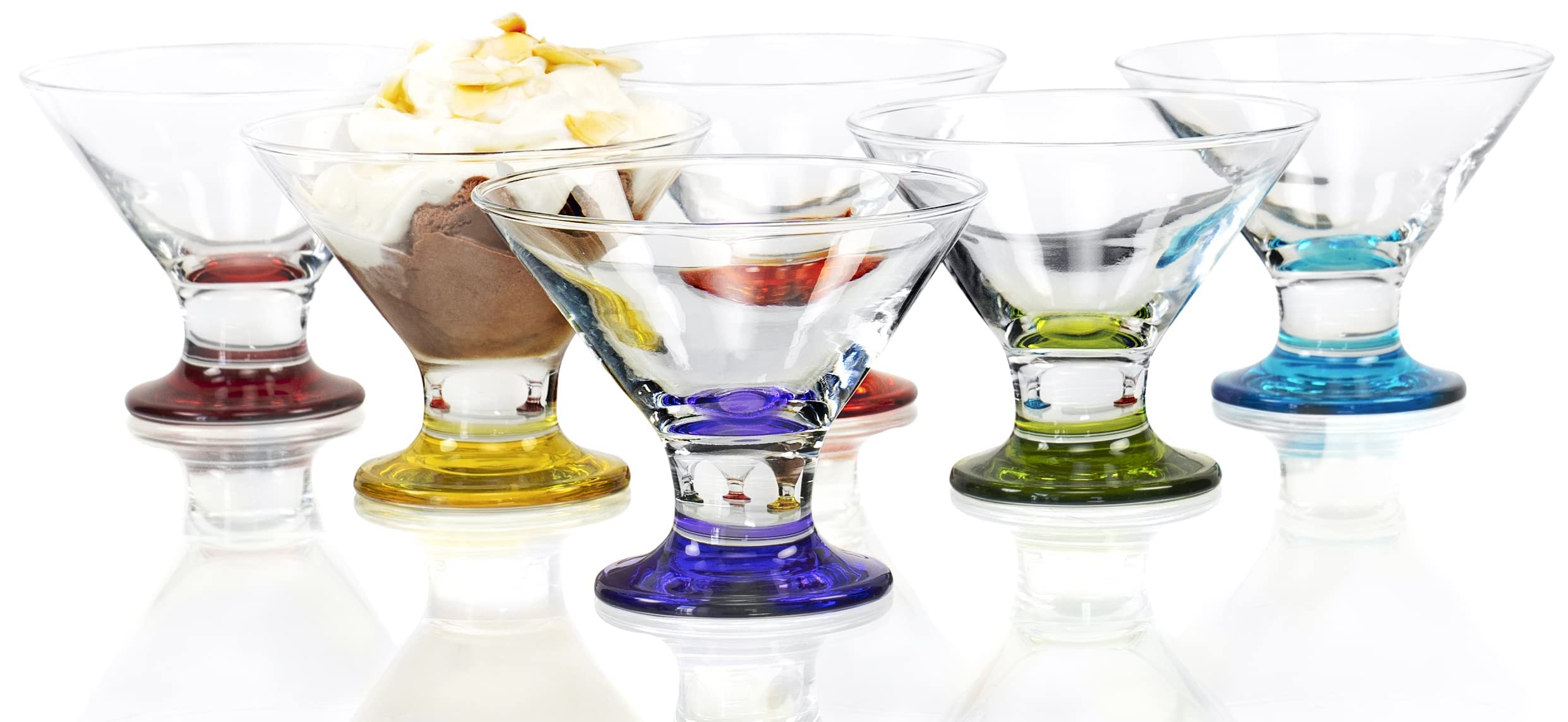 Coral Crema Savory Sweets Footed Ice Cream Bowl, Glass Dessert Cups For Parfait Fruit Salad or Pudding, Assorted Colors, Set of 6, 5.5 oz