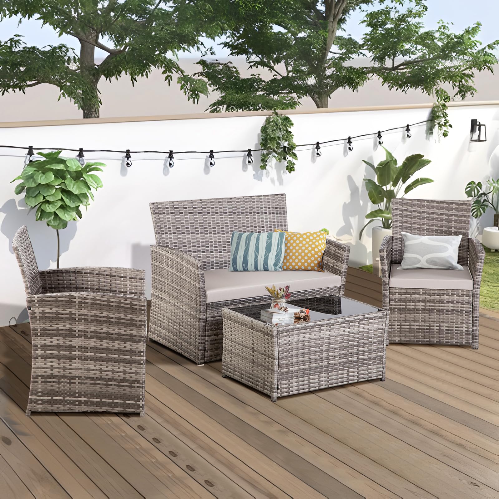 FHFO 4 Piece Outdoor Patio Furniture Sets, Wicker Sectional Conversation Sofa Set, Rattan Table and Chairs and Loveseat with Cushions for Outside Balcony Porch Backyard (Gray-Gray)