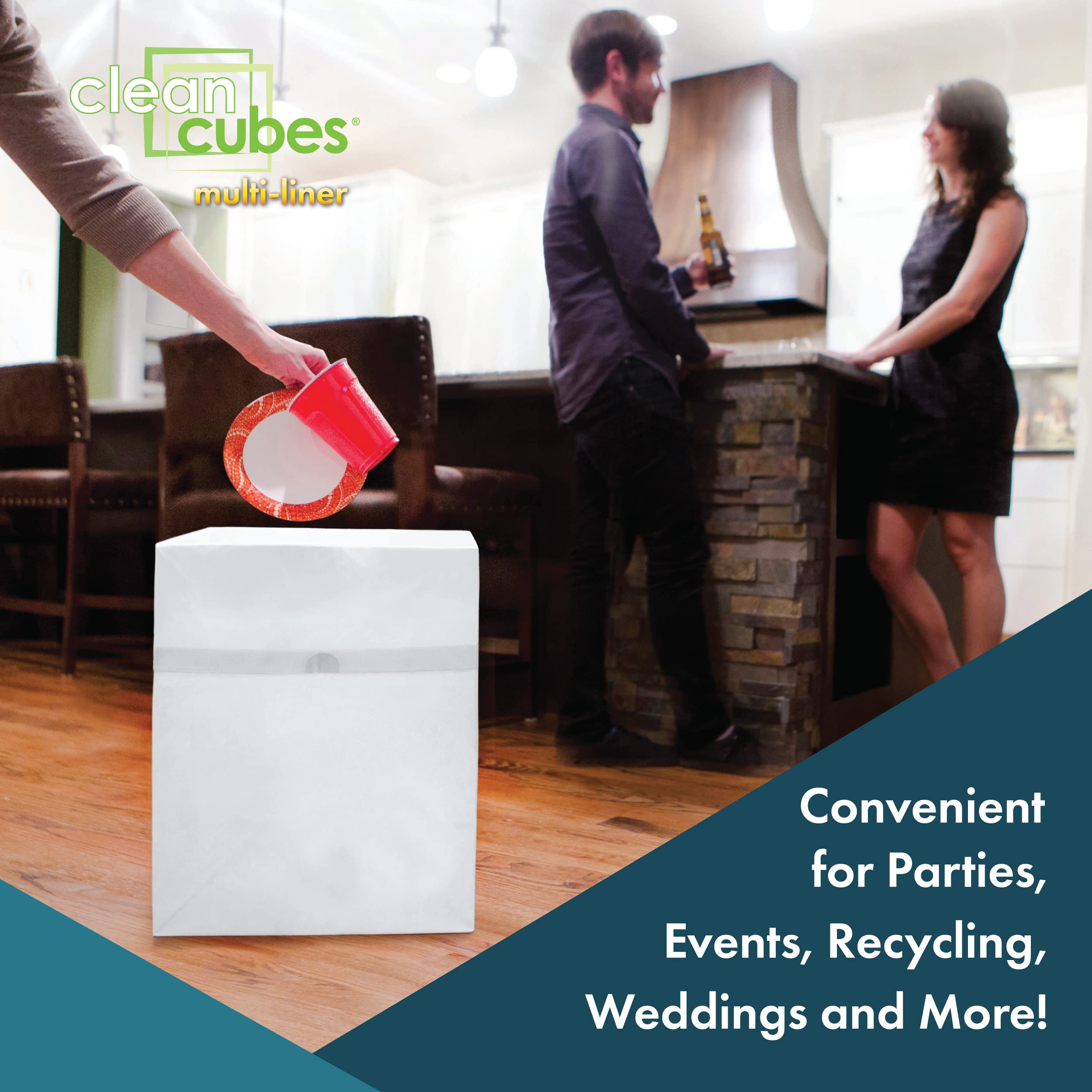 Clean Cubes 13 Gallon Multi-Liner Disposable Trash Cans (3-Pack). Reusable Garbage and Recycling Bins for Parties, Events, and More (White - 18" Tall x 14" Wide 10" Deep)