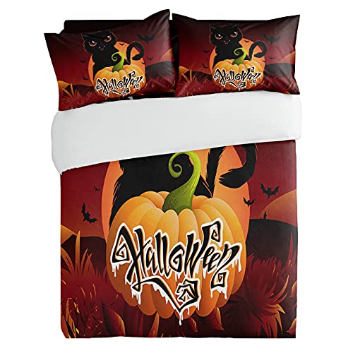 Halloween Twin Duvet Covers Cute Cats with Pumpkins 3-Piece Bedding Sets Luxury Soft Microfiber Bed Comforter Protector with Pillow Cases for Women Men Girl Boy Spooky Night Moon