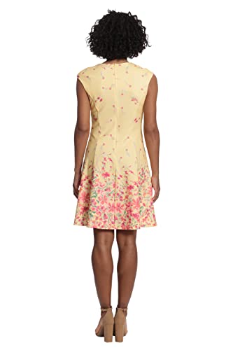 London Times Women's Floral Border Cap Sleeve Fit & Flare Dress, Yellow/Spiced Coral, 4