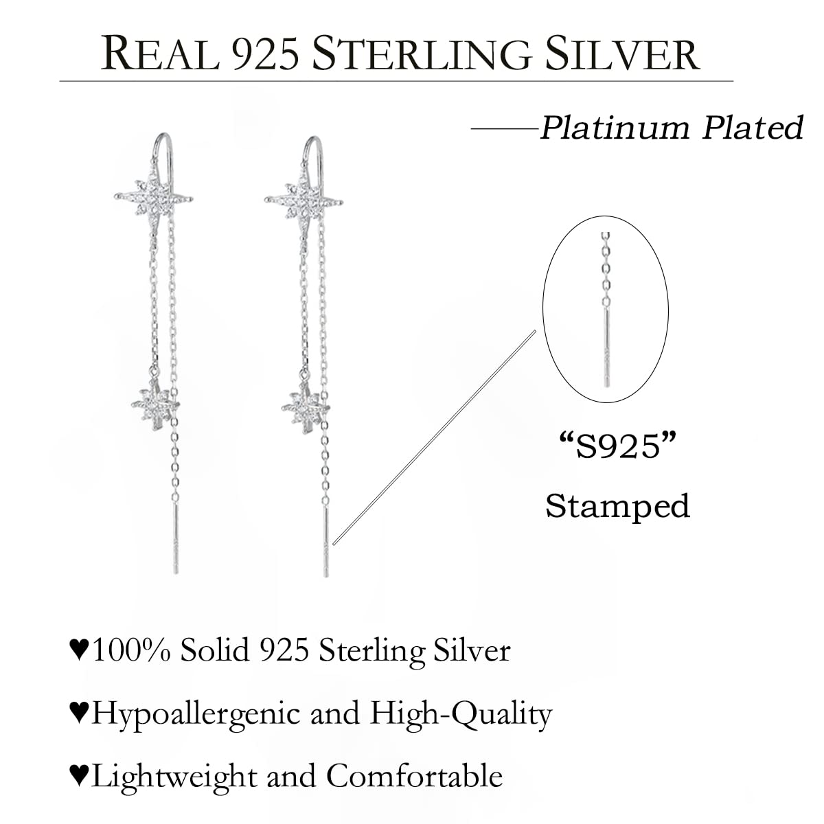 SLUYNZ Sterling Silver CZ Star Dangle Earrings for Women Teen Girls Long Dangle Earrings Threader Tassel (A-Silver)