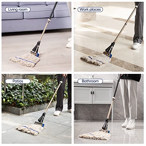 Eyliden Heavy Duty Commercial Cotton Mop Looped-End String Wet Industrial Mops 2pcs Cotton Head with Extendable Handle and Patent Stainless Steel Jaw Clamp Home Office Cement Floor Use