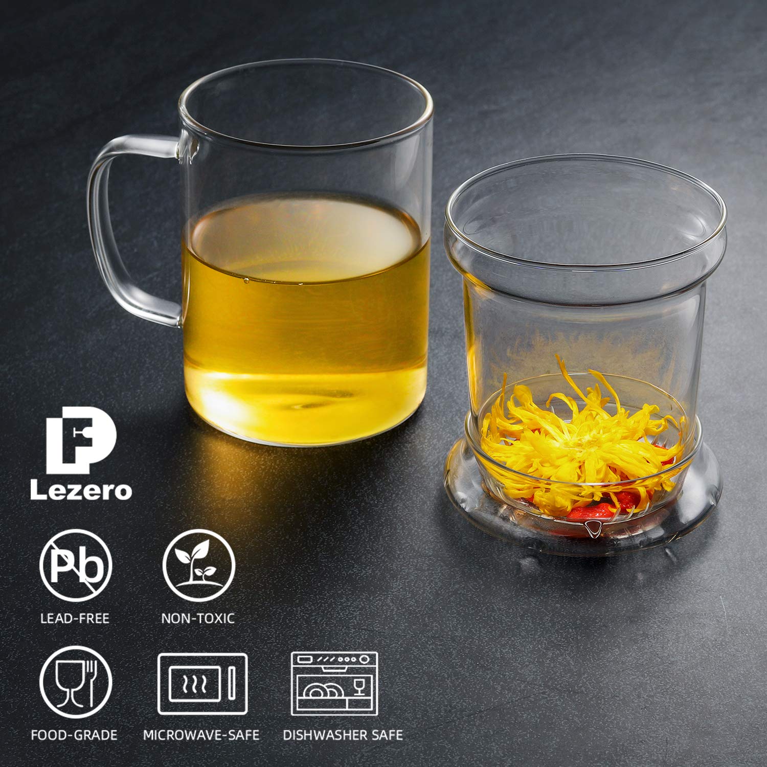 Glass Tea Infuser Cup with Filter and Lids, Borosilicate Glass Tea Mugs with Strainer for Blooming Tea & Loose Leaf Tea, Steeping Tea Cup Gift Kit, Lead-free, Microwave Safe, 14oz
