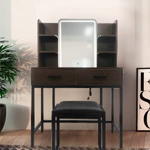 JIFULI Vanity Desk with Mirror and Lights, White Makeup Vanity with Lights and Power Strip, Vanity Mirror with Lights Desk and Chair, 3 Lighting Colors