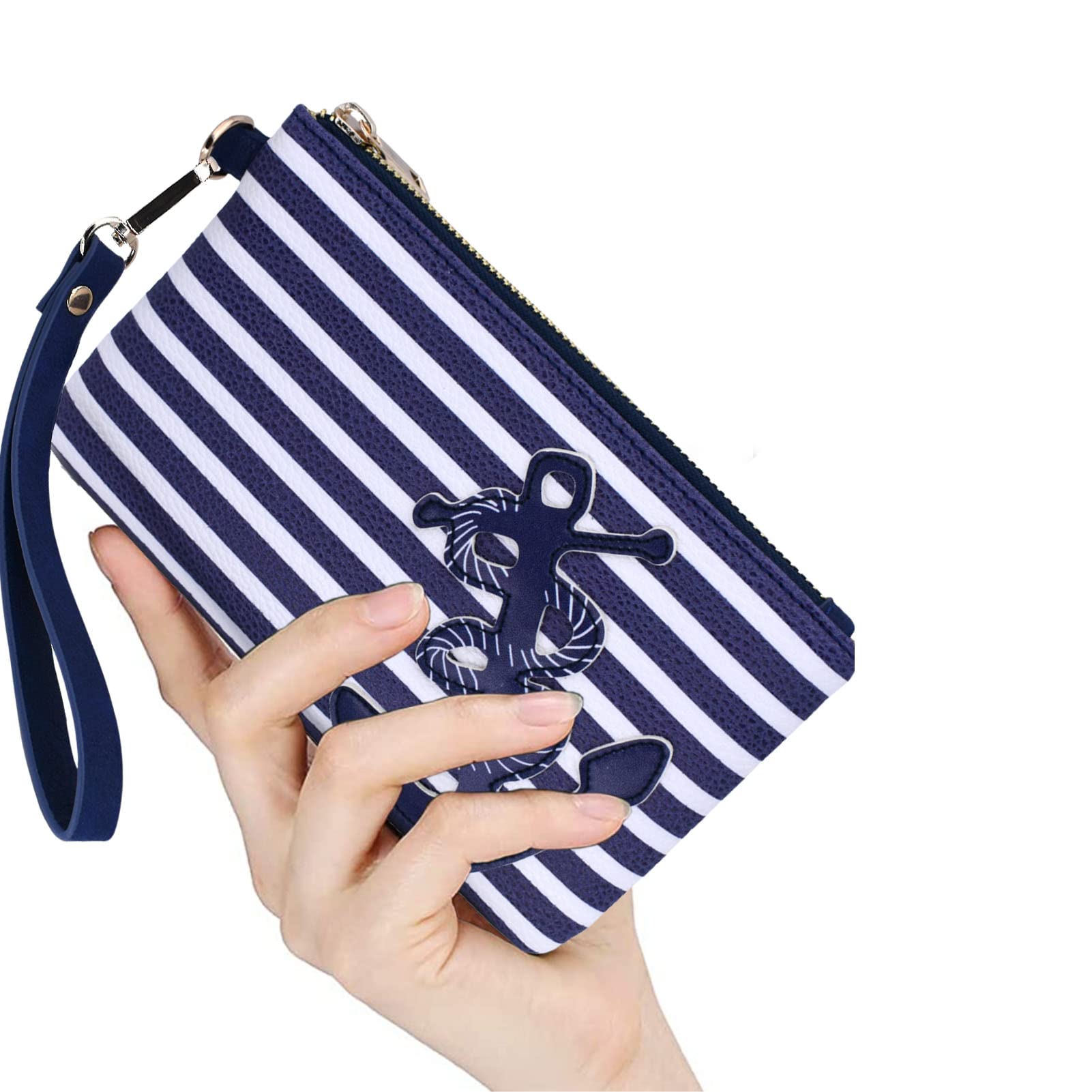 Small Anchor Wristlet Wallet Purse for Women Faux Leather Bag Handbag with Zipper Blue