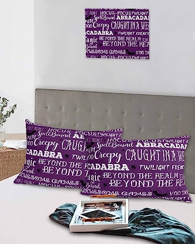 Edwiinsa Halloween Pillow Covers Standard Size Set of 2 Bed Pillow, Rustic Black Bat White Words Purple Plush Soft Comfort for Hair/Skin Cooling Pillowcases with Envelop Closure 20''x26''