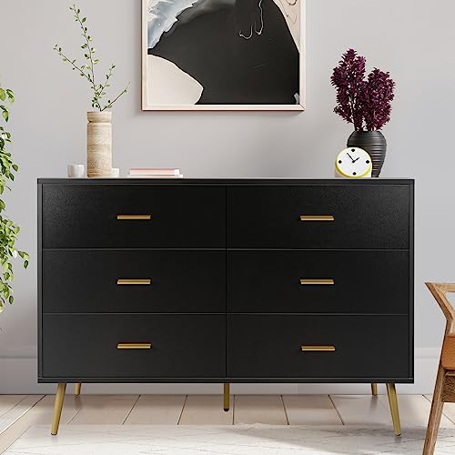 MAISONPEX 6 Drawer Dresser with Metal Handles , Black Modern Wood ,Chest of Drawers, Sturdy Frame Bedroom Furniture with Drawers for Closet Hallway, Living Room