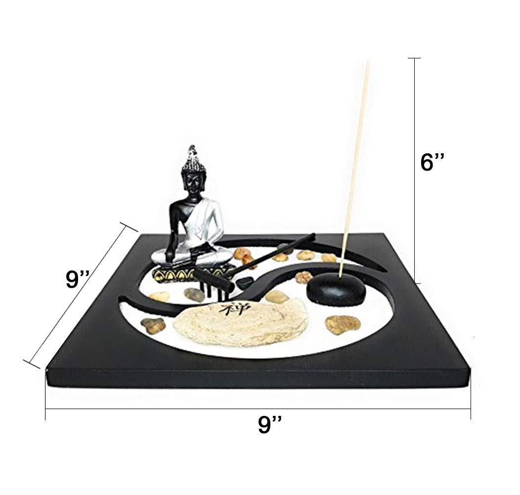 Royal Brands Yin and Yang Zen Garden with Buddha, Rake, Sand and Rock Garden, and Incense Holder β Peace and Tranquility (9"x9"x6")
