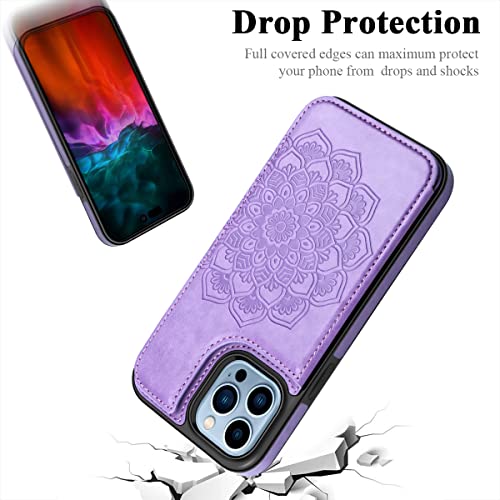 MMHUO for iPhone 14 Pro Max Case with Card Holder, Flower Magnetic Back Flip Case for iPhone 14 Pro Max Wallet Case for Women, Protective Case Phone Case for iPhone 14 Pro Max,Purple