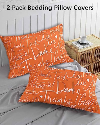 Edwiinsa Orange Pillow Covers Standard Size Set of 2 Bed Pillow, Farmhouse Modern White Thanks Words Plush Soft Comfort for Hair/Skin Cooling Pillowcases with Envelop Closure 20''x26''