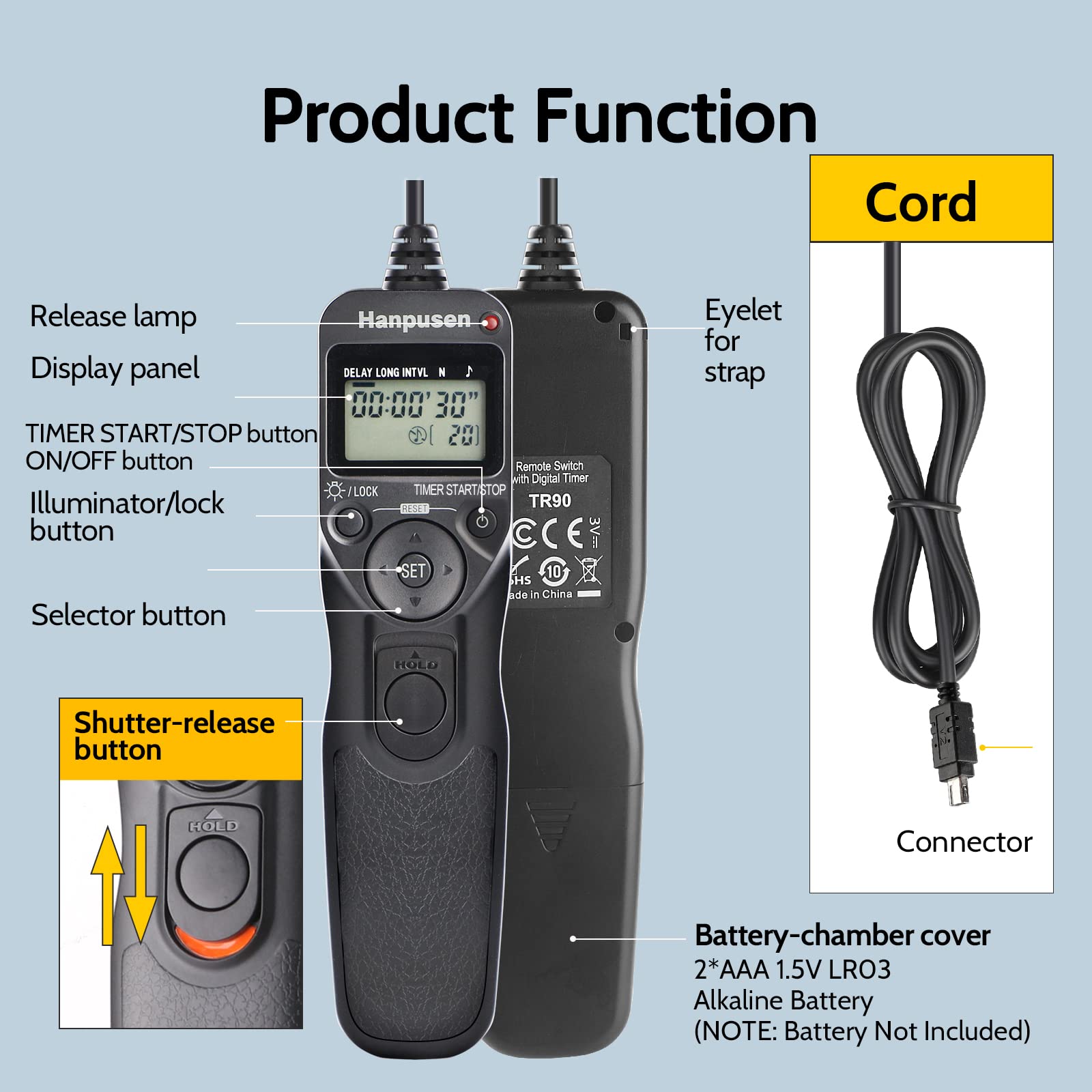 Camera Remote Timer Intervalometer Shutter Release Compatible with Nikon D3, D4, D4s, D5, D6, D850, D810, D800, D700, D500, D300, D200, F6, F100, F5, F90, N90s, D1X, D2H; Replaces Nikon MC-30A
