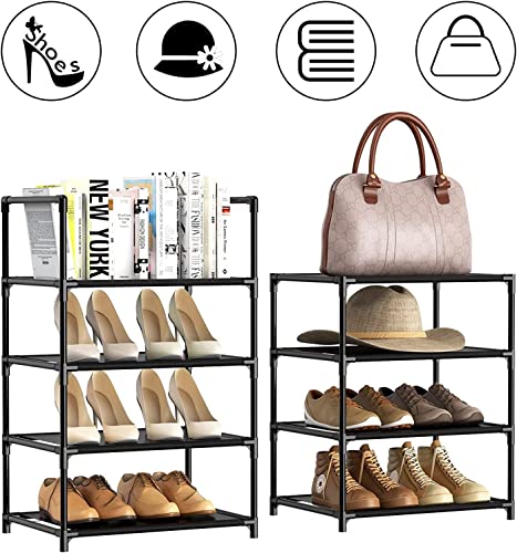 LANTEFUL 8 Tiers Tall Shoe Rack, Narrow Vertical Shoe Rack for Entryway Closet, 16-20 Pairs Shoe and Boots Organizer Storage Sturdy Shoe Shelf, Metal Stackable Shoe Stand with Hooks
