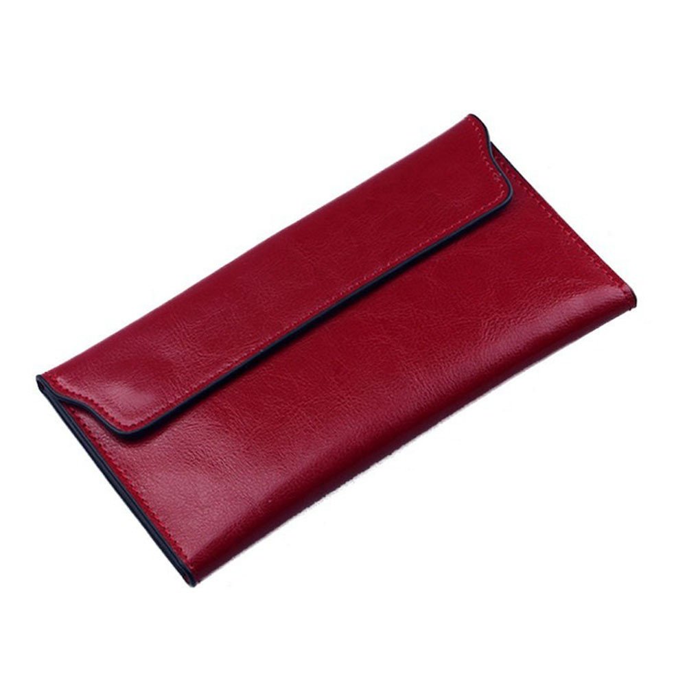NIGEDU Women Long Wallet Genuine Cowhide Leather Cards Holder Clutch Purse Phone Bag (Wine Red)