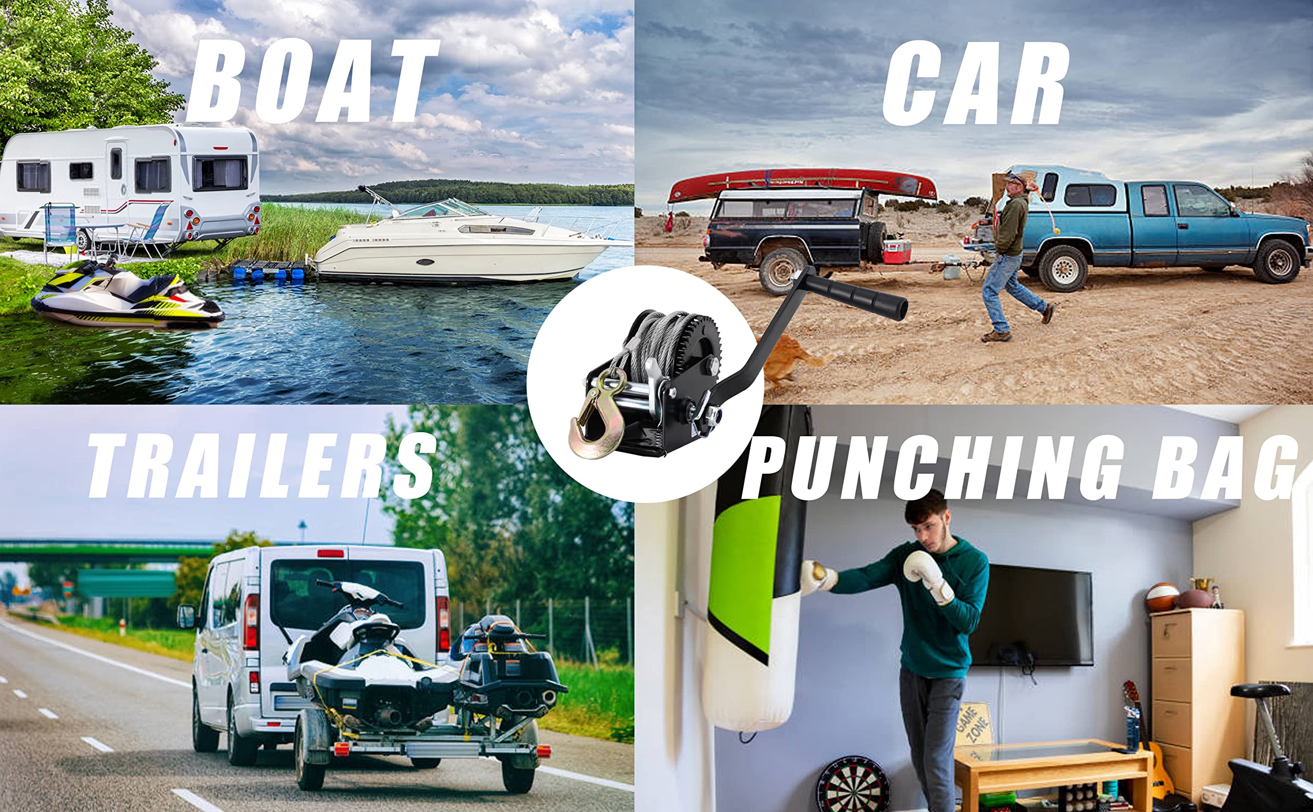 Capacity Heavy Duty Hand Winch, Hand Crank Strap Gear Winch with Steel Wire, Manual Operated Two-Way Ratchet ATV Boat Trailer Marine