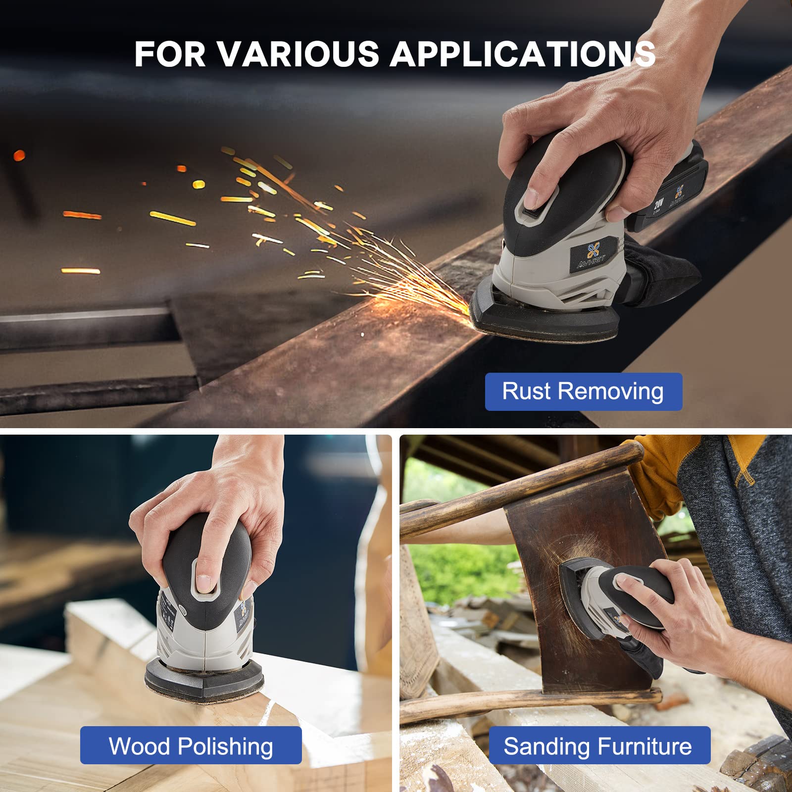 Cordless Detail Sander for Woodworking,20V Hand Sander with 1X2.0A Battery & Charger, 15000 OPM Mouse Detail Sander with 15PCS Sandpapers, Efficient Dust Collection System Tools for Wood Furniture