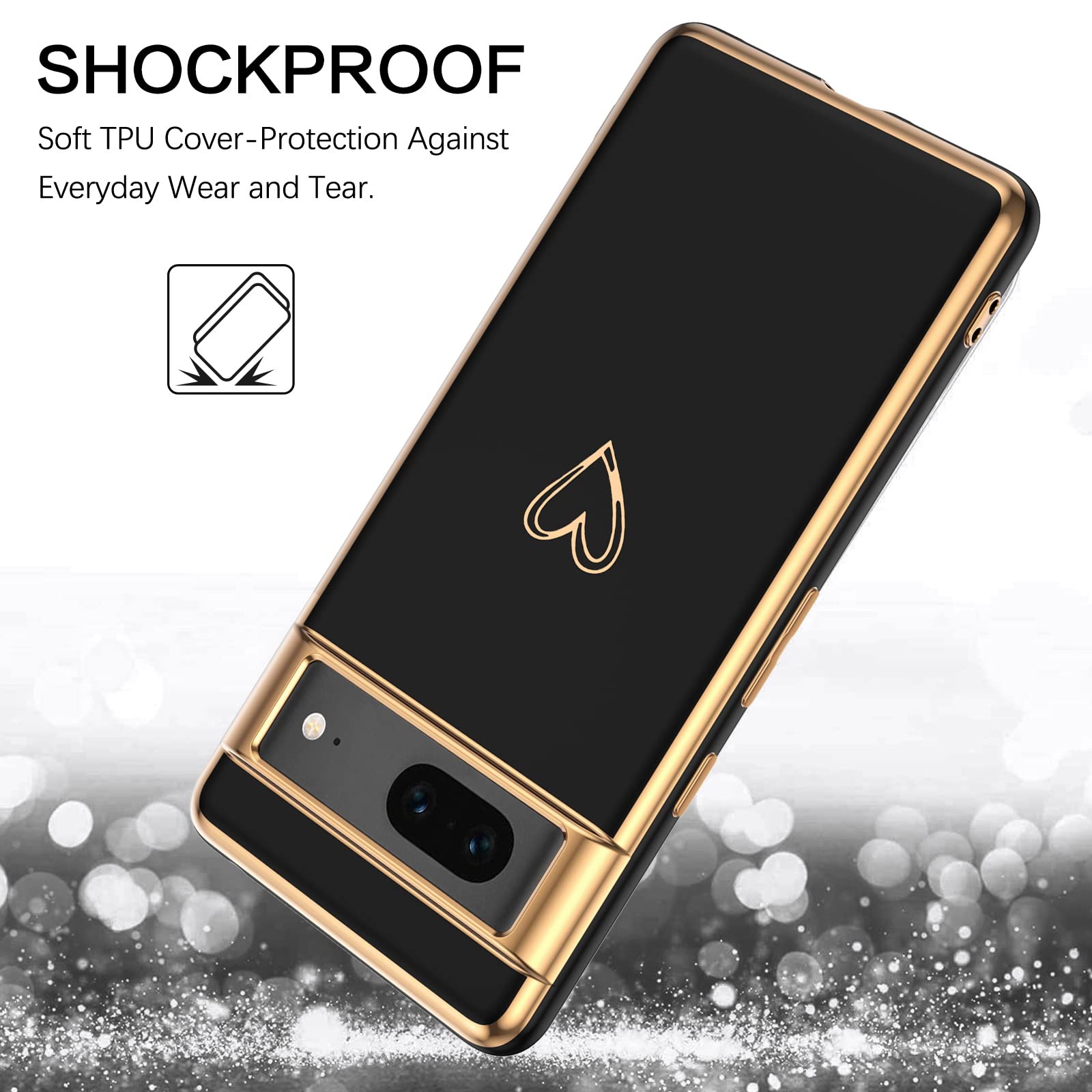 BENTOBEN Google Pixel 7 Protective Case, Heart Plating, TPU, Lightweight, Flexible, Non-Slip, Shockproof, 6.3 Inch, Black