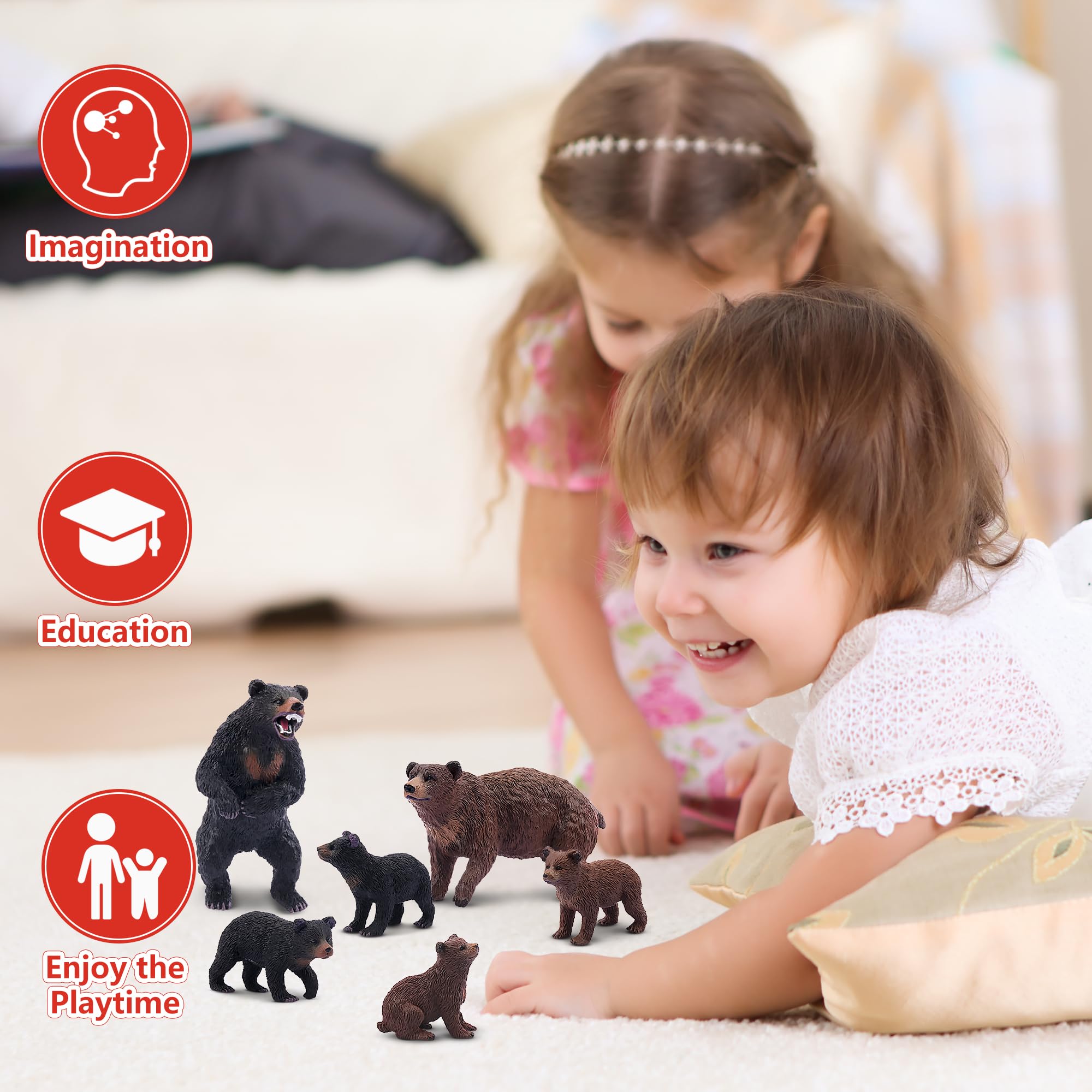 Toymany 6PCS Bear Figurines, Realistic Forest Animals Bear Family Figures Toy Set Includes Brown Bears Black Bears and Cubs, Education Toy Birthday for Kids Toddlers