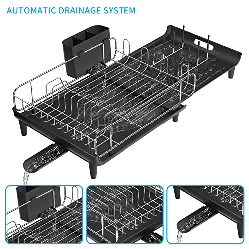 JINGFU Dish Drying Rack - Stainless Steel Dish Racks for Kitchen Counter, Large Dish Drying Rack with Drainboard, Dish drainers for Kitchen Counter,Expandable Dish Rack for Cups, Cutlery, Pot&lid