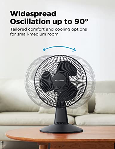 PELONIS Table Fan 12-Inch Oscillating Table Fan Small Portable Electric Plug-In Desk Fan 3-Speeds Adjustable Tilt Head for Bedroom and Office Black