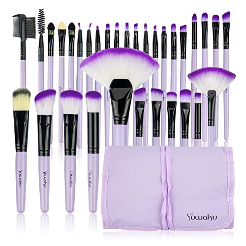 Makeup Brush Set 32pcs, Purple Make up Brushes Professional Foundation Powder Eyeshadow Brush Eyeliner Blush Concealer Brush with Bag