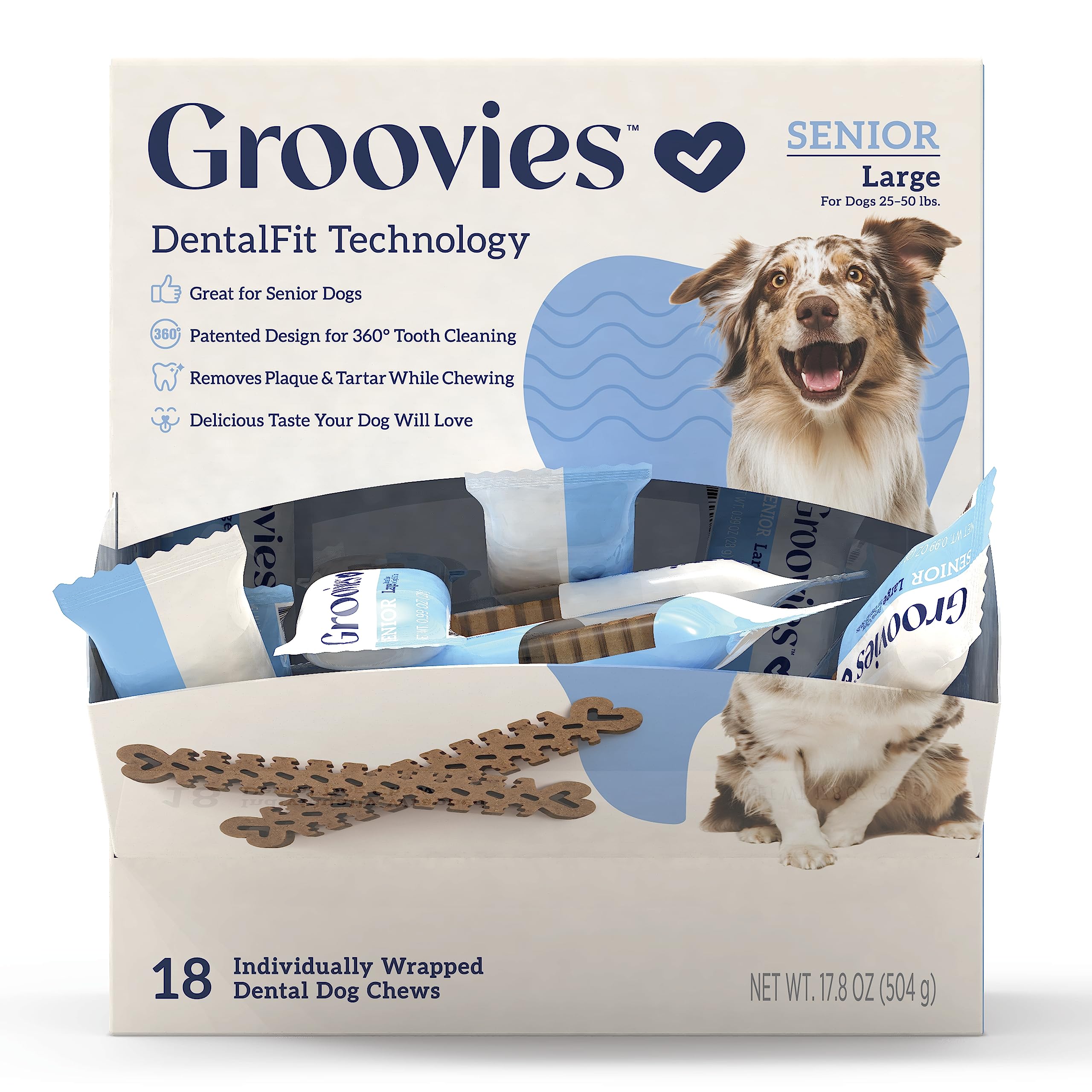 GROOVIES Senior Dog Dental Chew Individually Wrapped Large (18 ea)