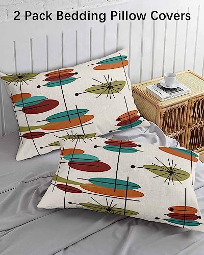 Edwiinsa Teal Red Orange Pillow Covers Standard Size Set of 2 20x26 Bed Pillow, Middle Century Geometric Abstract Art Burlap Plush Soft Comfort for Hair/Skin Cooling Pillowcases with Envelop Closure