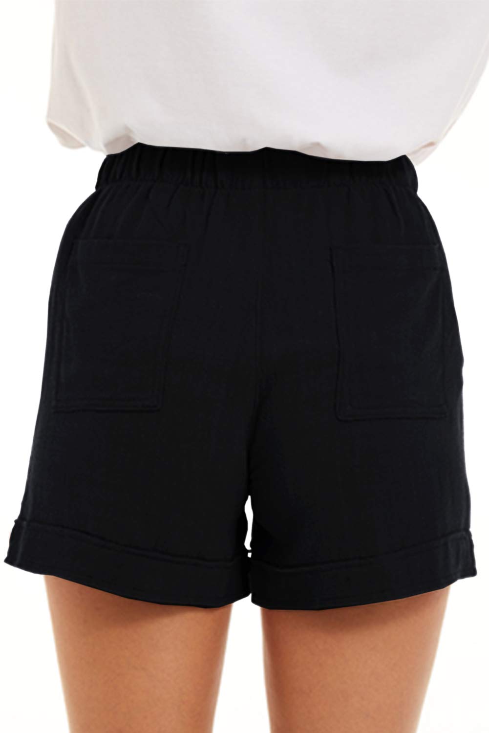 CNFUFEN Women's Lounge Bermuda Shorts Athletic Casual Jersey Cotton Stretchy Shorts with Pockets Folded Hem High Waisted Hot Pants Black M