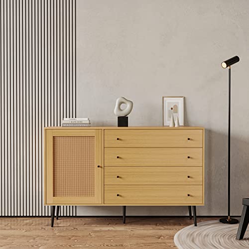 Mid-Century Sideboard Buffet Cabinet,Melpoemen Kitchen Storage Cabinet with Rattan Decorated Door and 4 Drawers,Liquor Cabinet, Dining Room, Hallway, Cupboard Console Table, Accent Cabinet,Natural