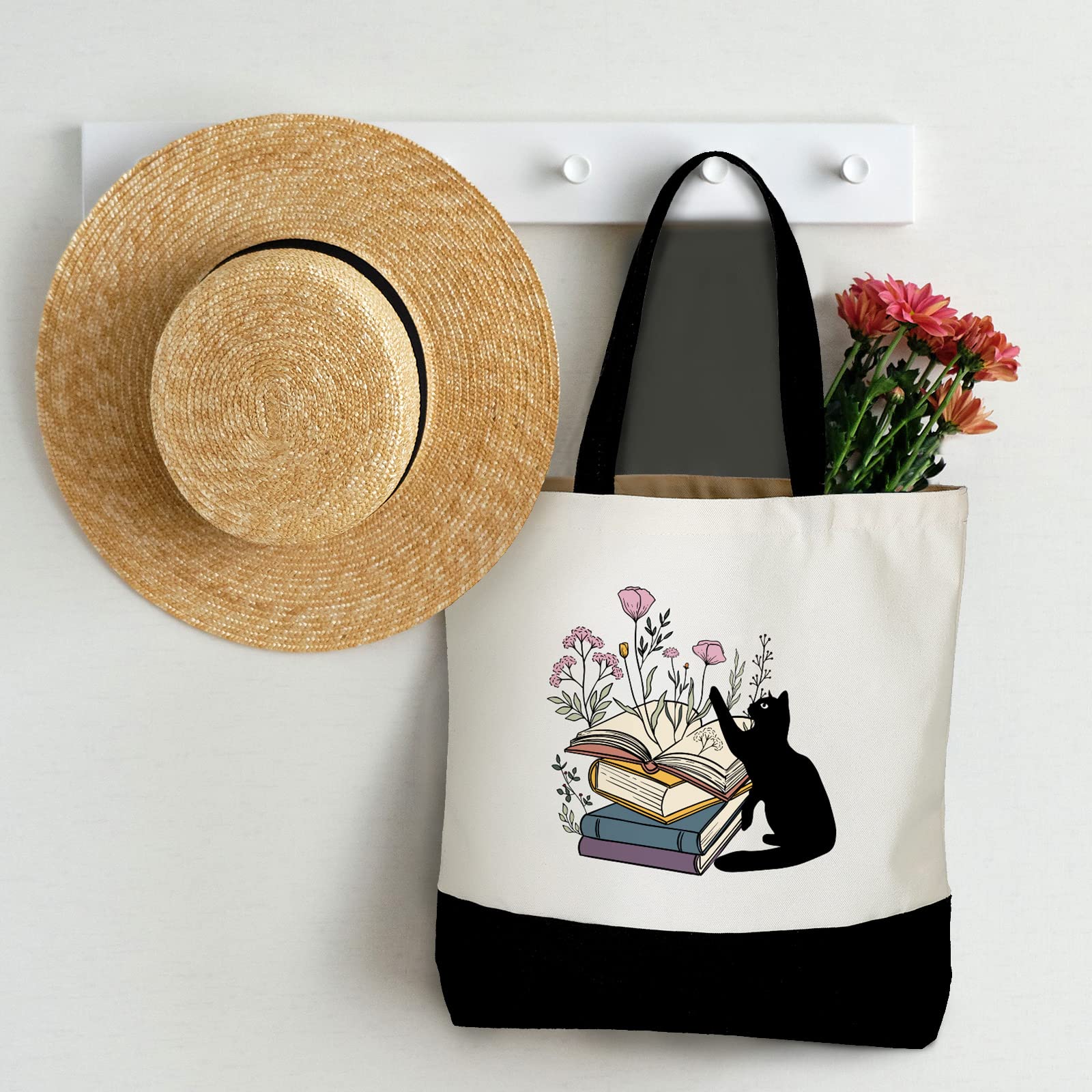 Cunno 2 Pcs Book Lovers Gifts Set Cat Tote Bags with Makeup Bag Aesthetic Floral Bags for Teacher Appreciation Gift Set(Cat)