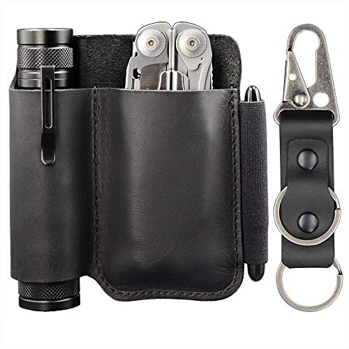 EDC Leather Belt Knife Sheath Organizer for Multitool, Fit 1.0" Diameter Flashlight, Tool Belt Pouch, Pocket Slip Pouch, EDC Tactical Key Chain Holder, Leather Key Fob, Premium Leather. Black.