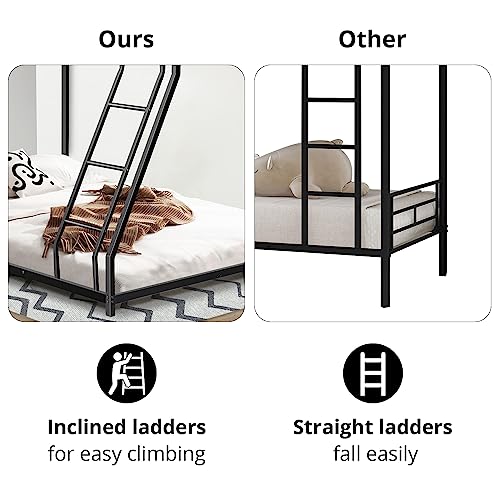 Metal Bunk Bed Frame, Twin Over Full Bunk Bed with Ladder and Full-Length Guardrail, Sturdy Support Slats for Teens Adults, Noise Free, Black
