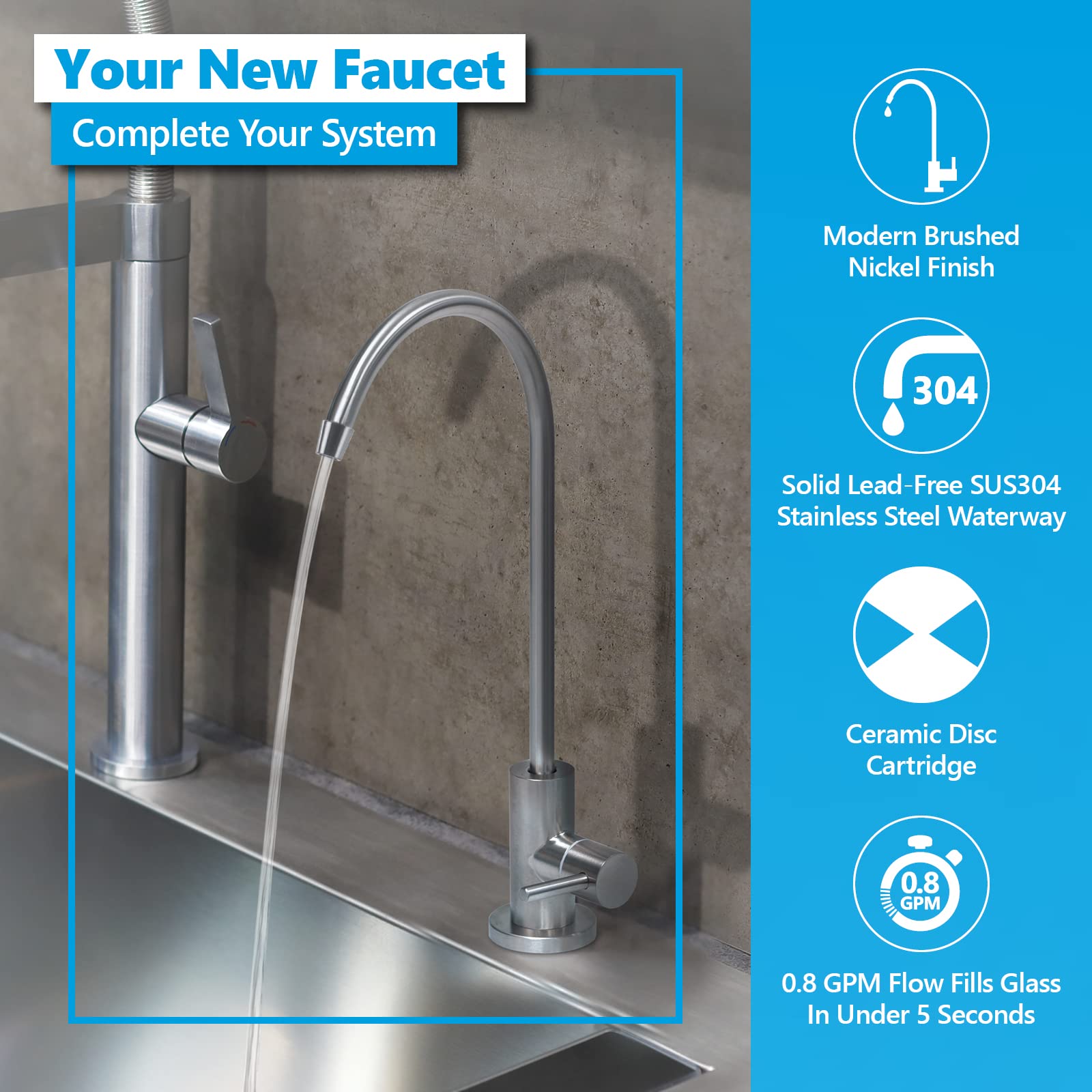 Express Water Modern Water Filter Faucet β Brushed Nickel Coke-Shaped Faucet β 100% Lead-Free Drinking Water Faucet β Compatible with Reverse Osmosis Water Filtration Systems