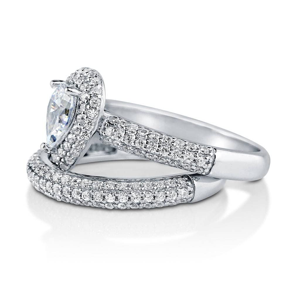 BERRICLE Sterling Silver Halo Wedding Engagement Rings Pear Cut Cubic Zirconia CZ Ring Set for Women, Rhodium Plated Size 9