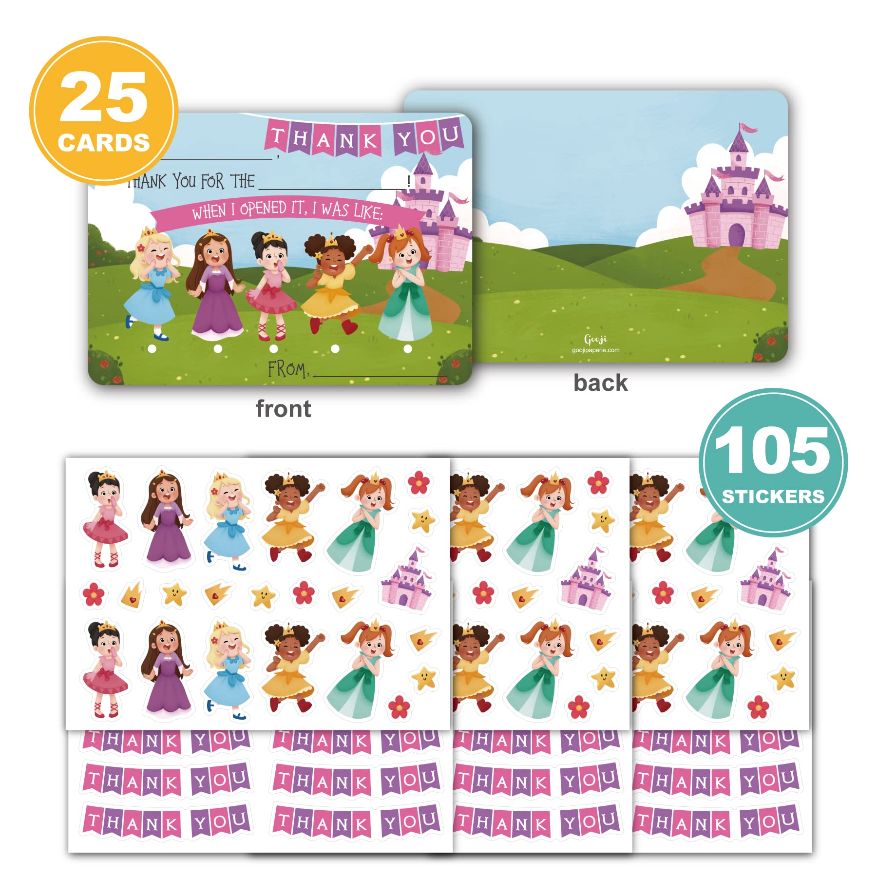 Gooji Colorful Princess Thank-You Cards, 4.25x6, 25 Cards, Customizable