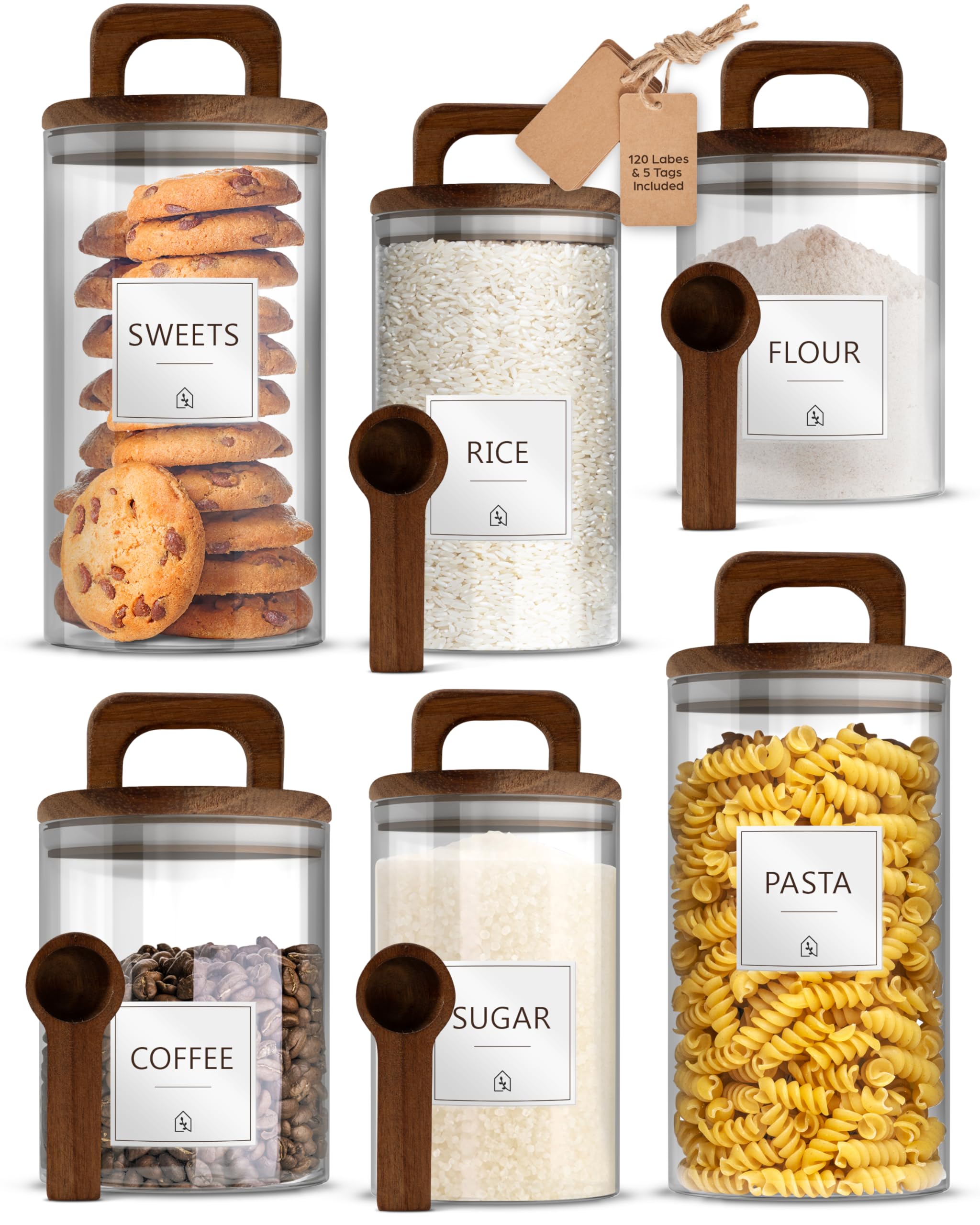 BELLE TERRE Premium Glass Jar Set - 6 Canisters with Airtight Natural Acacia Lids, Custom Labels & Spoons - Food Storage Containers & Pantry Organization - 17oz, 25oz, 34oz - Transparent, Durable