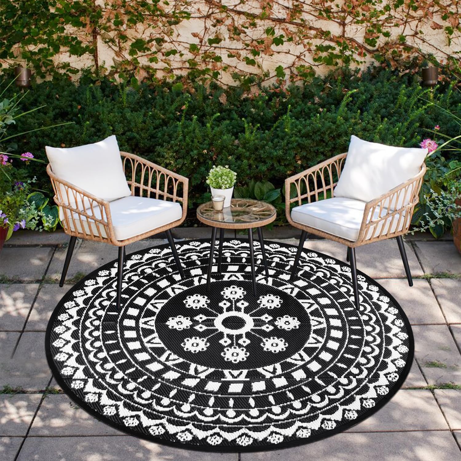 Capslpad Round Outdoor Rug for Patio 5' Reversible Mat Waterproof Plastic Straw Rug Boho Round Indoor Outdoor Area Rug for RV,Backyard,Balcony,Deck,Tent,Picnic,Beach,Camping,w/Carry Bag