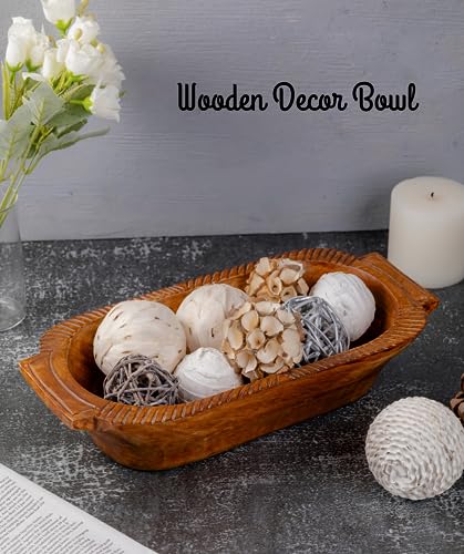 Mie Creations 14'' Large Wooden Dough Bowl for Decor, Huge Decorative Centerpiece Oval Tray Rustic Dough Bowls for Table, Hand Turned Long Wood Bowl