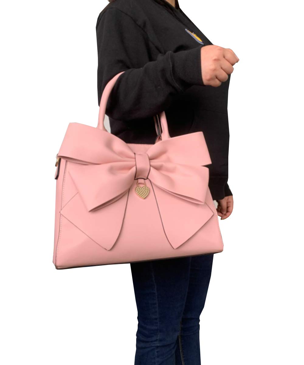 Rullar Women 2Pcs Handbag Set Bow-Knot Satchel Top-handle Crossbody Bag Tote Wallet Purse with Heart Pendant Pink