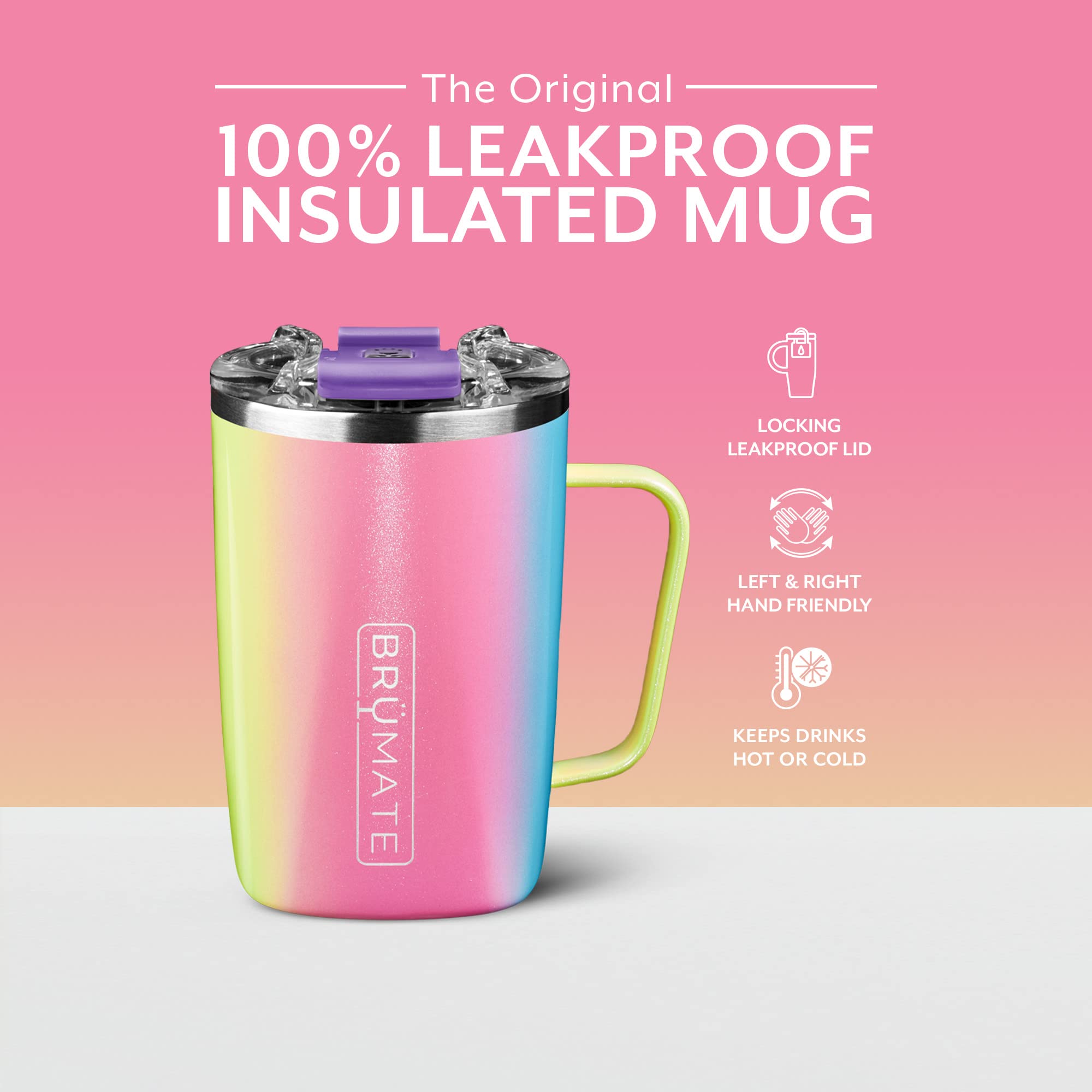 BrüMate Toddy - 16oz 100% Leak Proof Insulated Coffee Mug with Handle & Lid - Stainless Steel Coffee Travel Mug - Double Walled Coffee Cup (Glitter Rainbow)