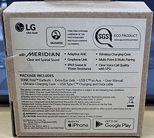 LG TONE Free True Wireless Bluetooth Earbuds T90 - Adaptive Active Noise Cancelling Earbuds with Dolby Atmos, Black, Small