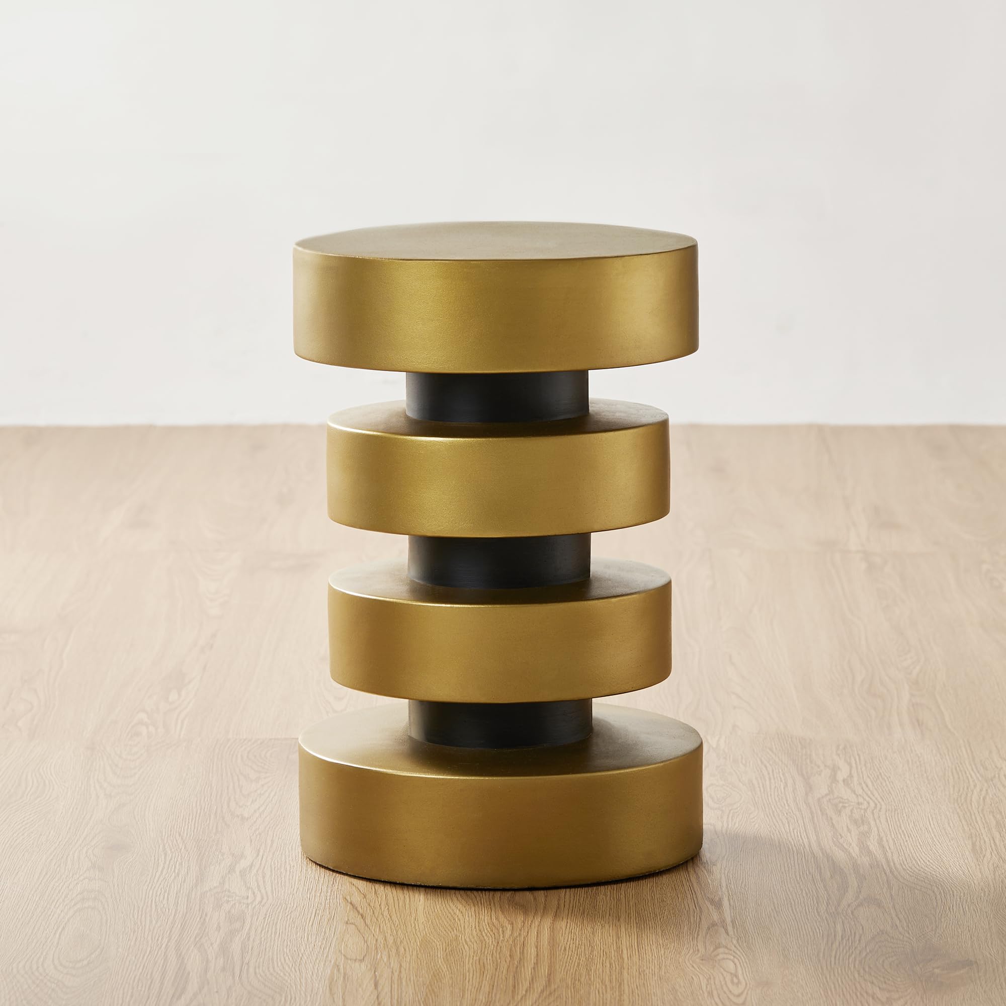 Glitzhome Modern Industrial 12β Dia Round Side Table in Antique Gold Black, Floating Disks Accent Stool End Table for Living Room, Bedroom, Entryway and Small Spaces