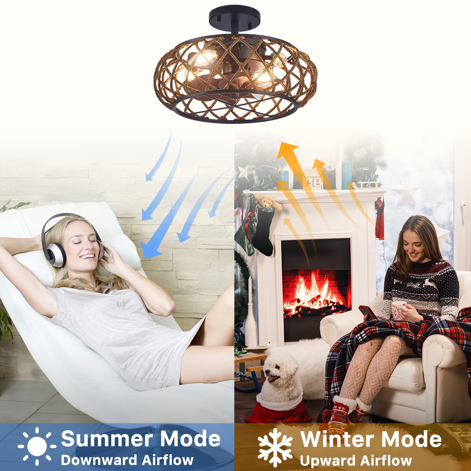 Buevea Caged Ceiling Fans with Lights Remote Control, 16'' Farmhouse Rattan Low Profile Ceiling Fan with Lights, Small Bladeless Celling Fan for Bedroom, Kitchen