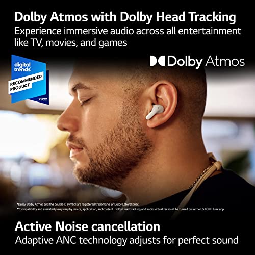 LG TONE Free True Wireless Bluetooth Earbuds T90 - Adaptive Active Noise Cancelling Earbuds with Dolby Atmos, Black, Small